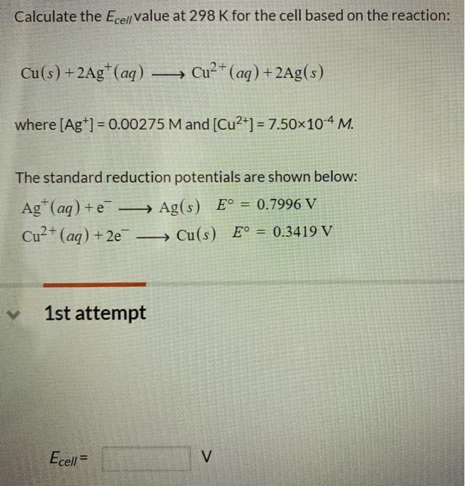 Solved Calculate The Ecell Value At 298 K For The Cell Based