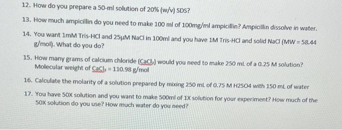 Solved 12. How do you prepare a 50−ml solution of 20%(w/v) | Chegg.com