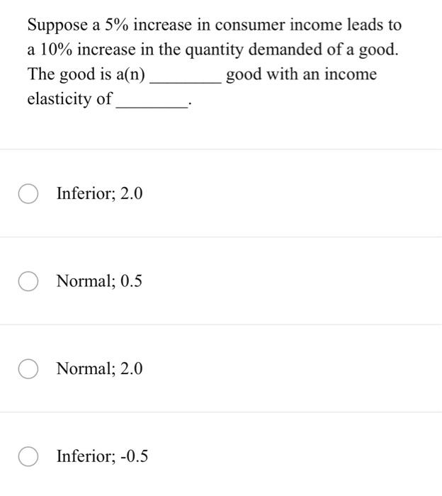 Solved Suppose a 5% increase in consumer income leads to a | Chegg.com