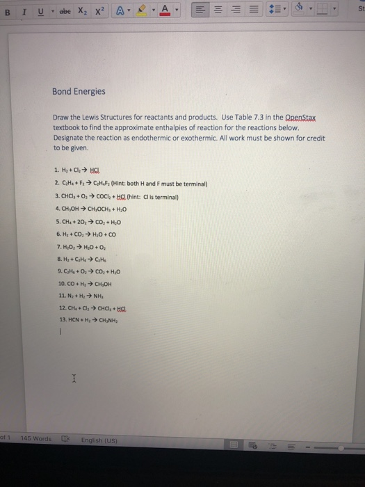 Solved B I U abe X2 X? A ole Bond Energies Draw the Lewis | Chegg.com