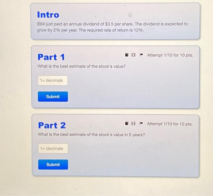 Solved Intro IBM just paid an annual dividend of $3.5 per | Chegg.com