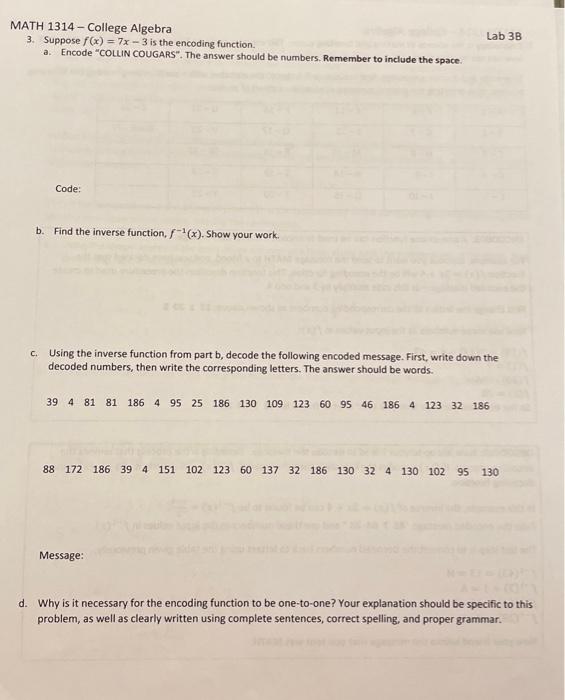 Solved MATH 1314 - College Algebra Lab 3B Cryptology is the | Chegg.com