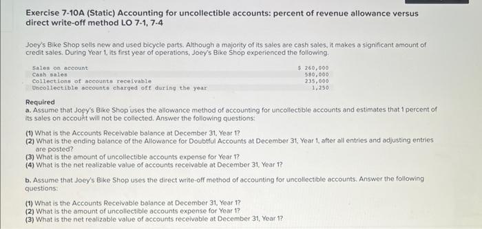 Solved Exercise 7-10A (Static) Accounting for uncollectible | Chegg.com