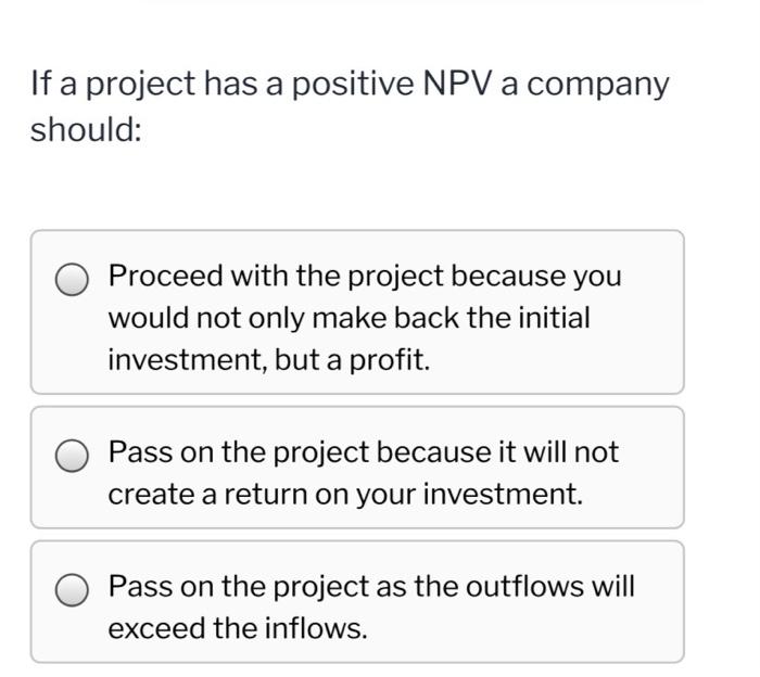 Solved If a project has a positive NPV a company should: | Chegg.com