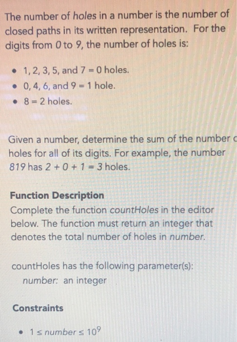 Solved The number of holes in a number is the number of | Chegg.com