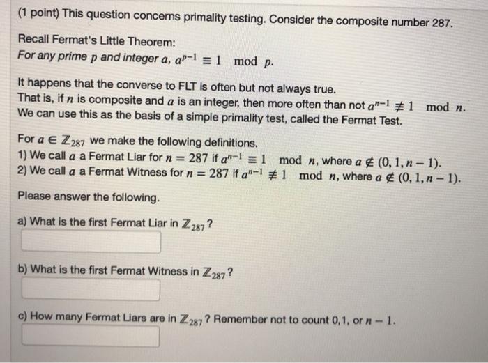 Solved (1 point) This question concerns primality testing. | Chegg.com