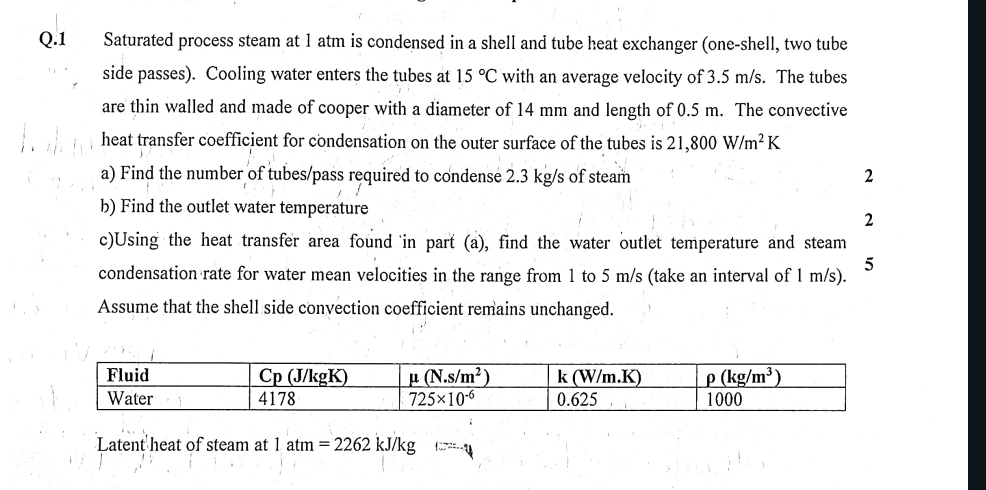 Solved Q. 1 ﻿Saturated process steam at 1 ﻿atm is condensed | Chegg.com