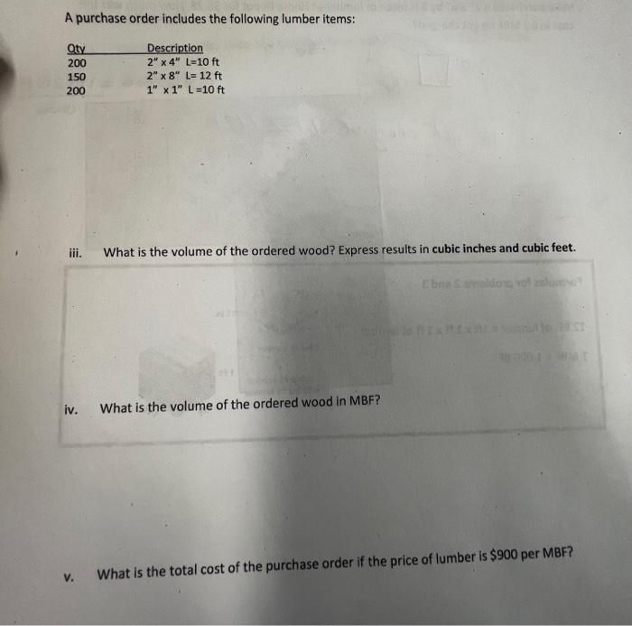 Solved A purchase order includes the following lumber items: | Chegg.com