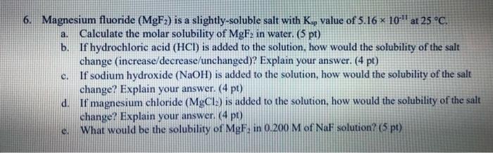 Solved 6. Magnesium fluoride (MgF2) is a slightly-soluble | Chegg.com