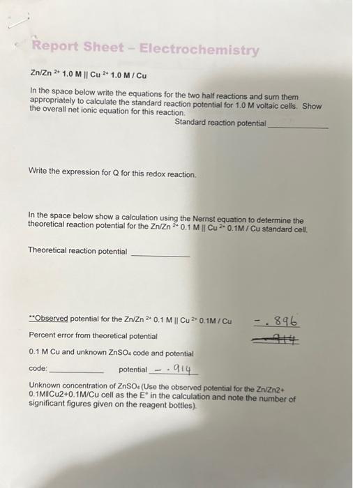 Solved Zn/Zn2+1.0M∥Cu2+1.0M/Cu In the space below write the | Chegg.com