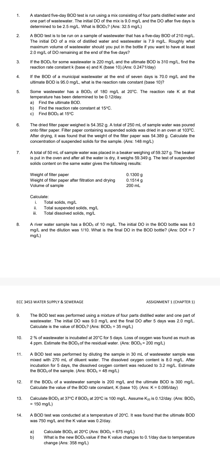 Solved A standard five-day BOD test is run using a mix | Chegg.com