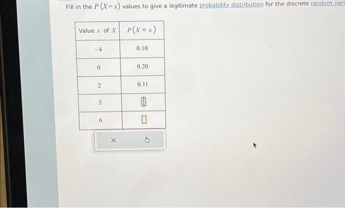 Solved Fill in the P(X=x) values to give a legitimate | Chegg.com
