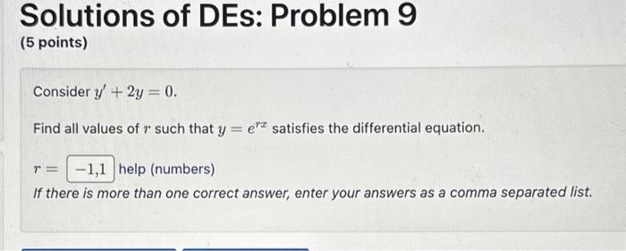 Solved Solutions of DEs: Problem 9 (5 points) Consider y' + | Chegg.com