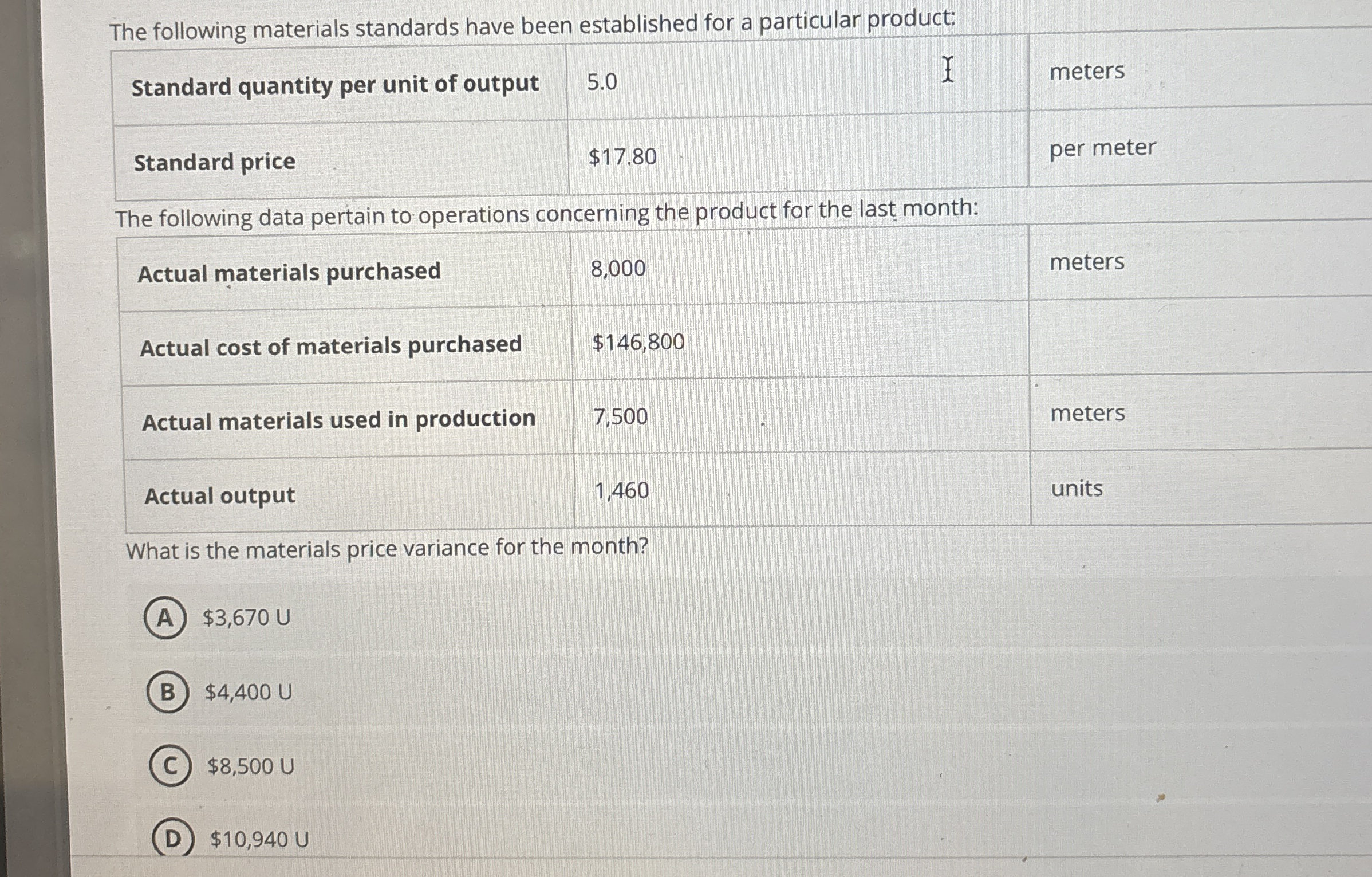 Solved The following materials standards have been | Chegg.com