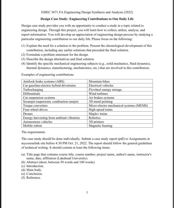 EMEC 5671 FA Engineering Design Synthesis and | Chegg.com