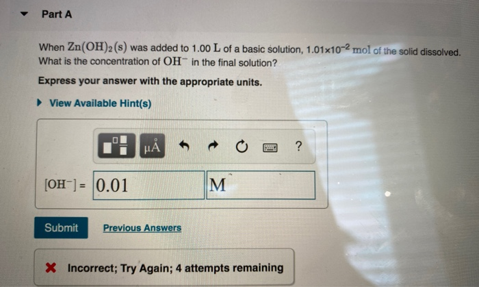 Solved Solubility of Zinc Hydroxide in Basic Solution The | Chegg.com