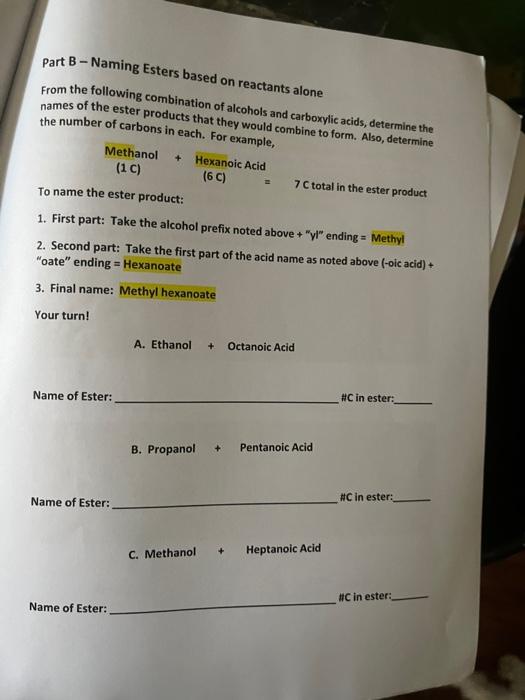 Solved Part B - Naming Esters based on reactants alone From | Chegg.com