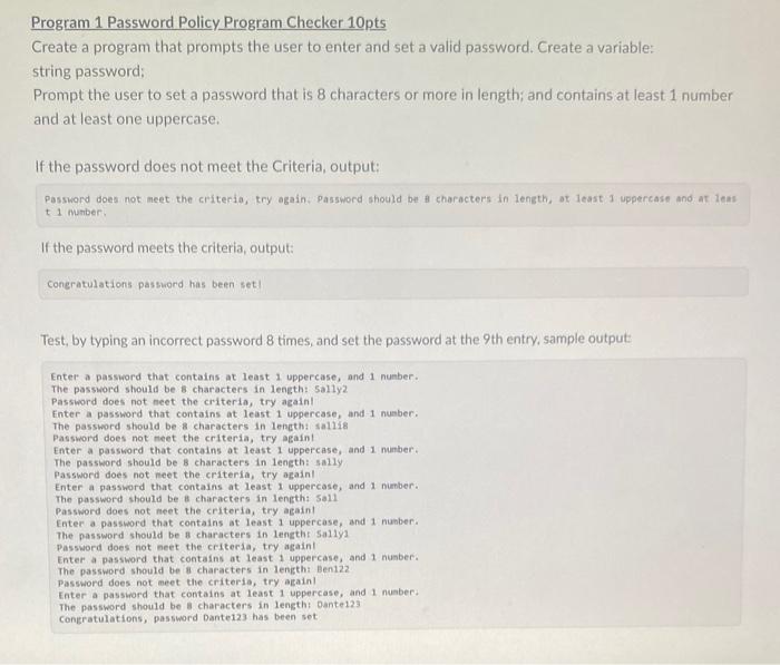 Solved Program 1 Password Policy Program Checker 10pts 8916