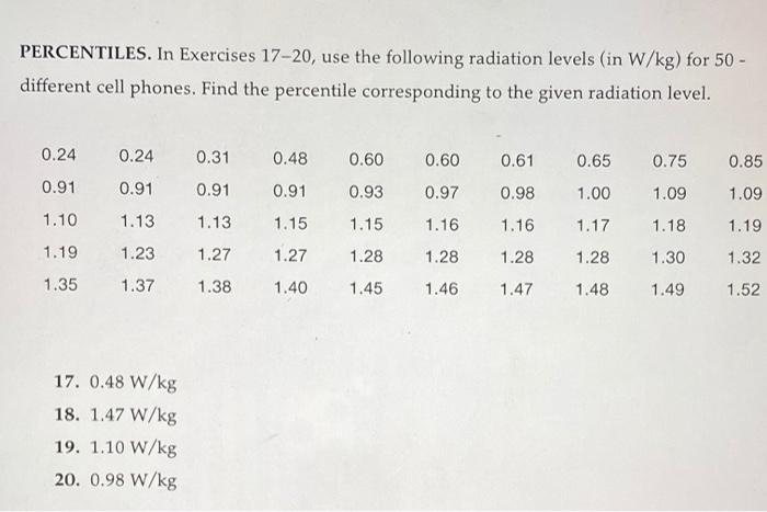 Solved PERCENTILES. In Exercises 17-20, use the following | Chegg.com