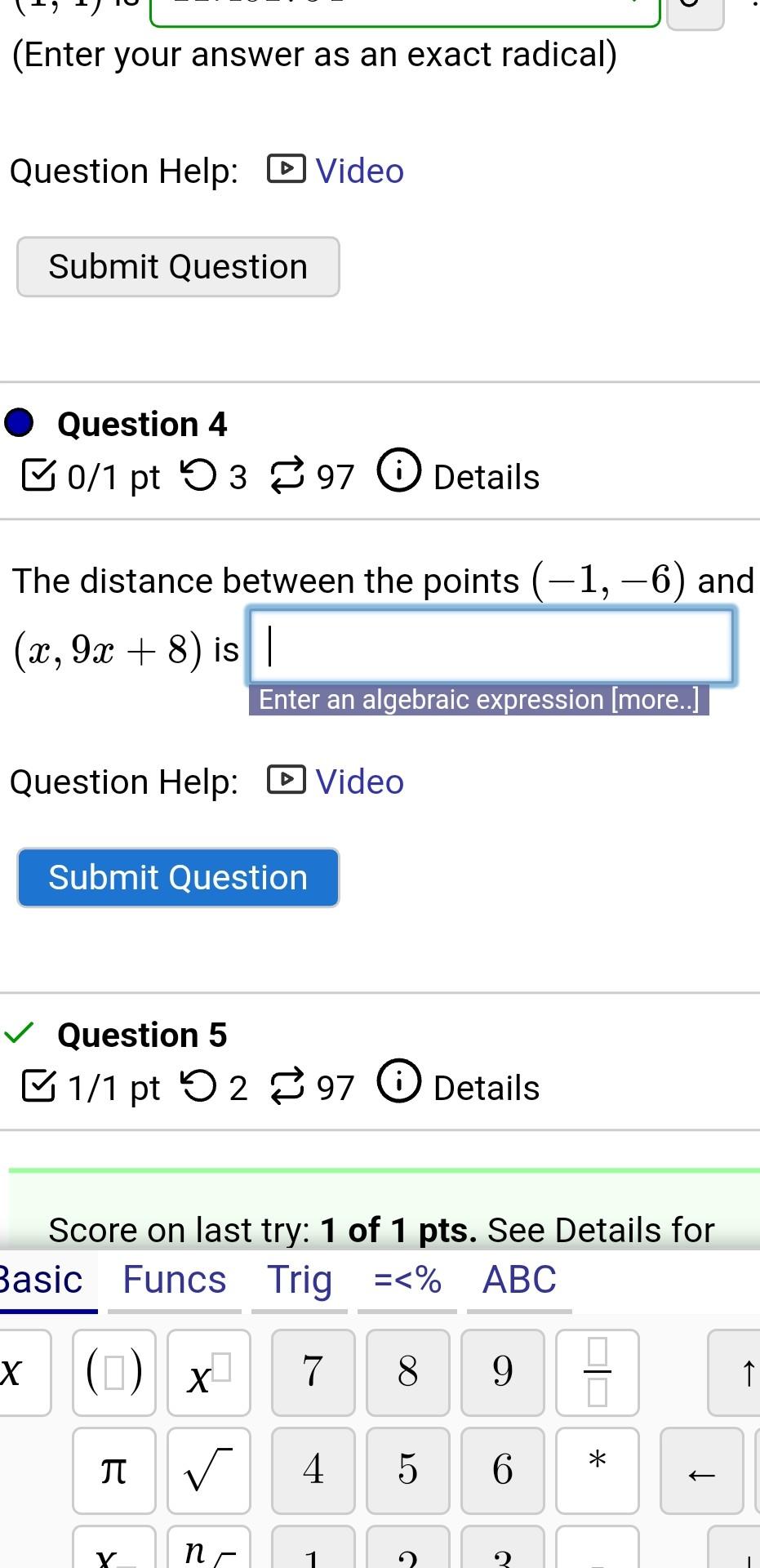 Solved (Enter your answer as an exact radical) Question | Chegg.com