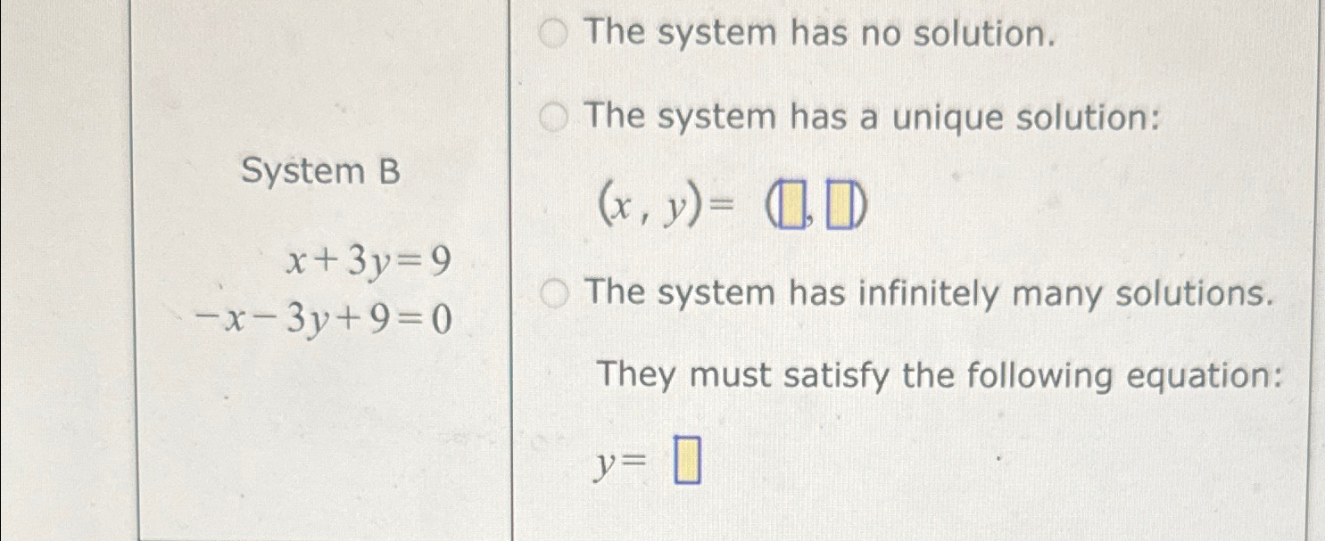 Solved The system has no solution.System Bx+3y=9-x-3y+9=0The | Chegg.com