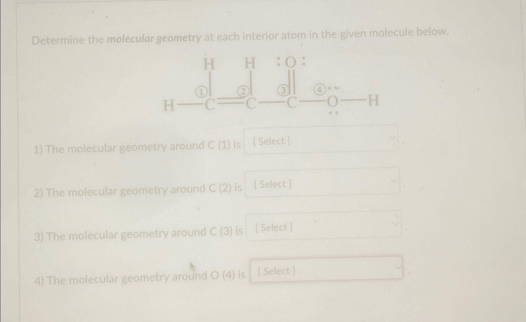 Solved Determine the molecular geometry at each interior | Chegg.com