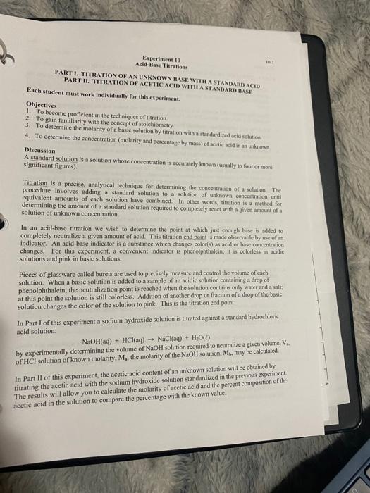 Experiment 10 Acid-Base Thirts PARTL TITRATION OF AN | Chegg.com