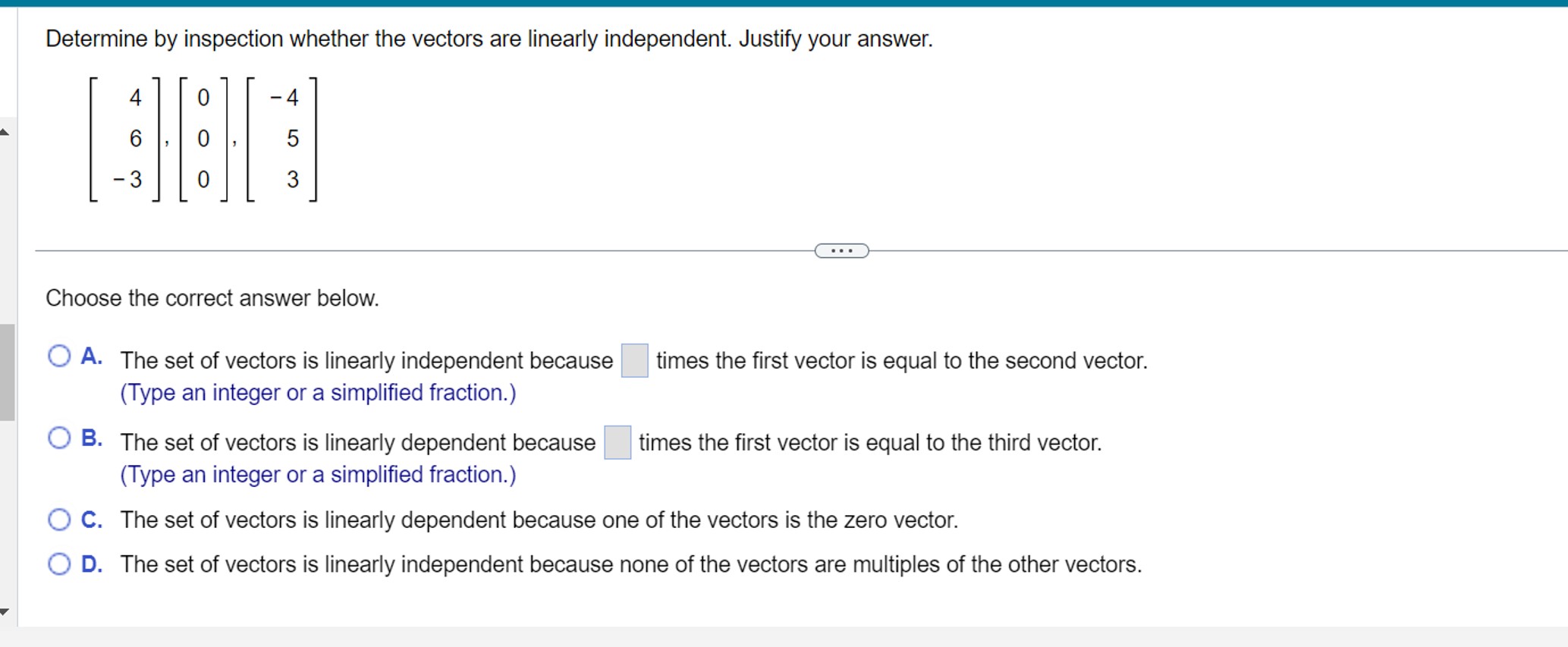 Solved Determine by inspection whether the vectors are | Chegg.com