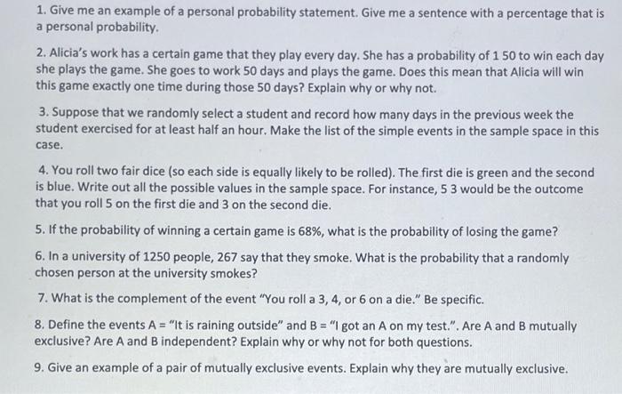 Solved 1. Give me an example of a personal probability | Chegg.com