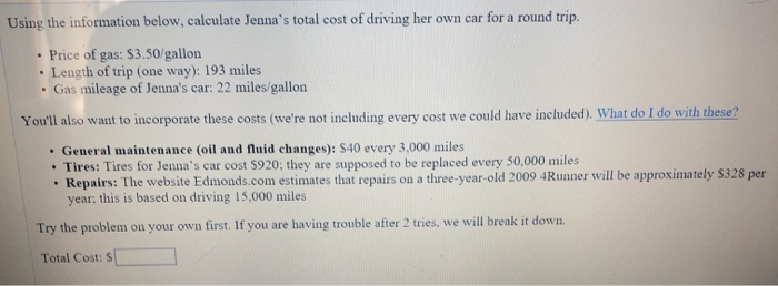 Using the information below, calculate Jenna's total | Chegg.com