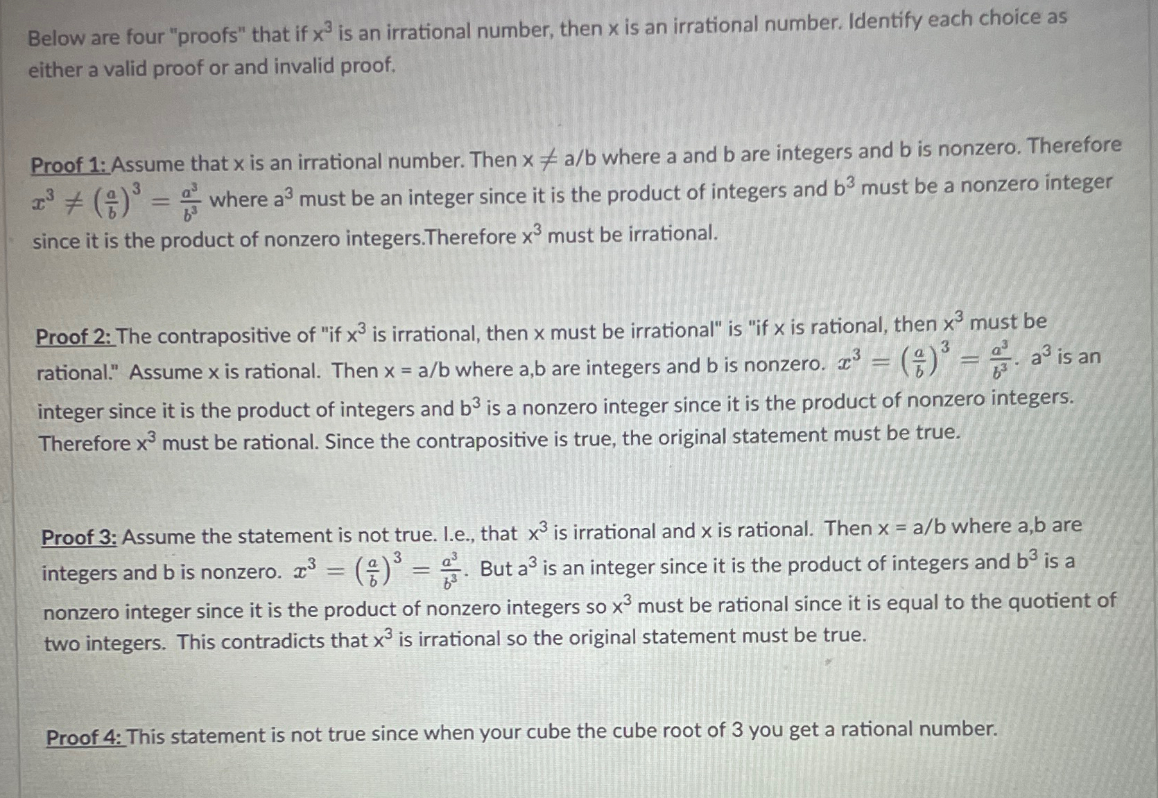 Solved Below are four "proofs" that if x3 ﻿is an irrational | Chegg.com