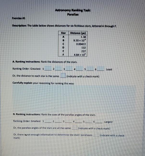 Solved Astronomy Raniding Task: Parallax Exercise #1 | Chegg.com
