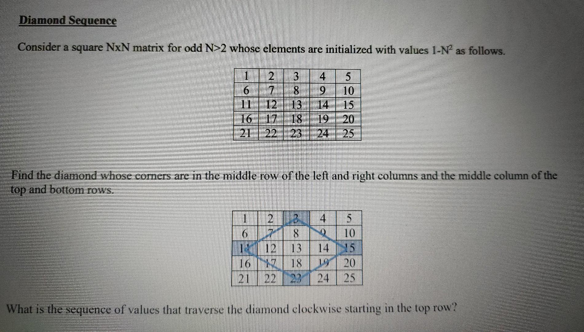 Solved Diamond Sequence Consider a square NxN matrix for odd | Chegg.com