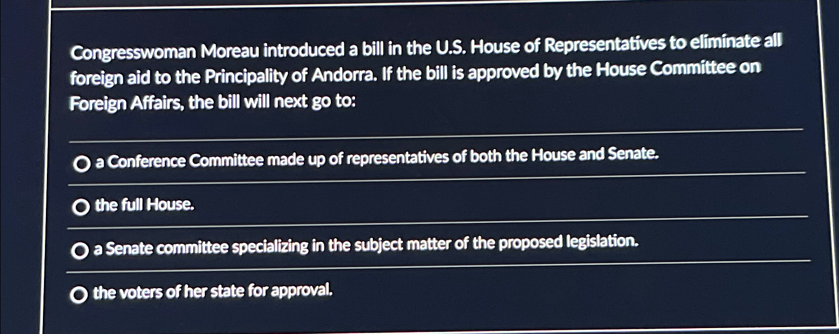 Solved Congresswoman Moreau introduced a bill in the U.S. | Chegg.com