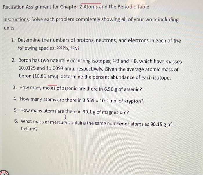Solved Recitation Assignment for Chapter 2 Atoms and the | Chegg.com