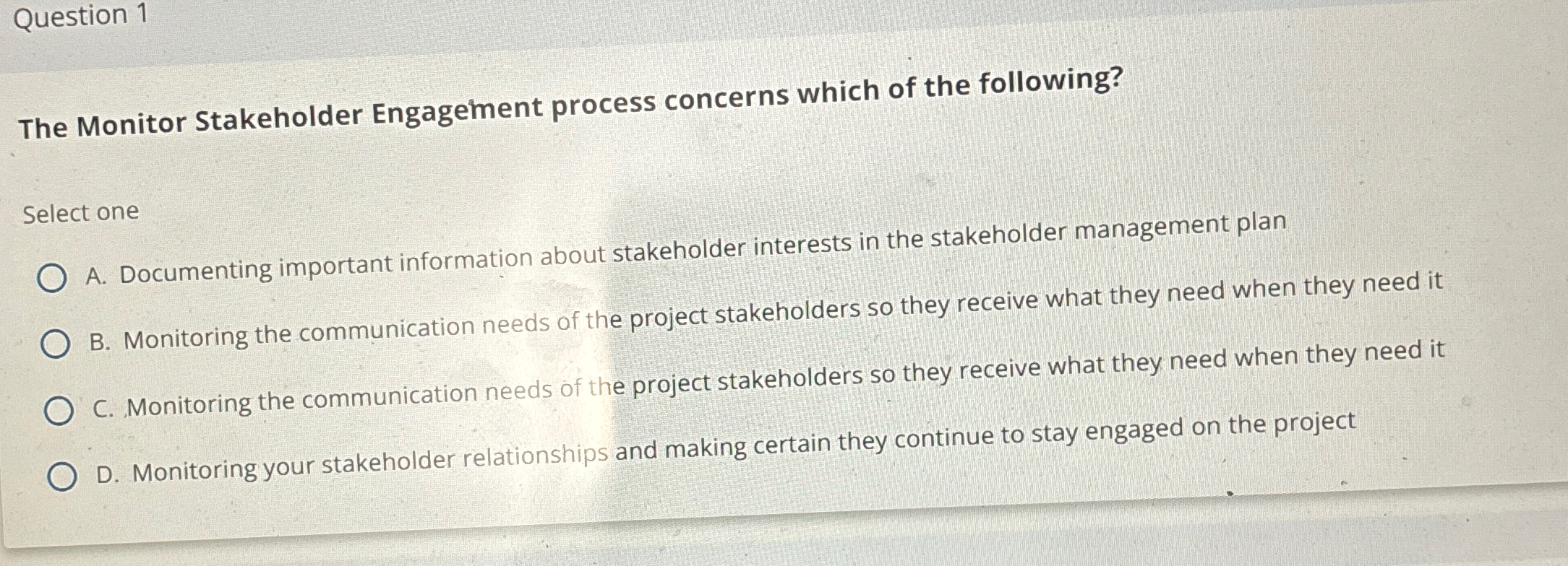 Solved Question 1The Monitor Stakeholder Engagement process | Chegg.com
