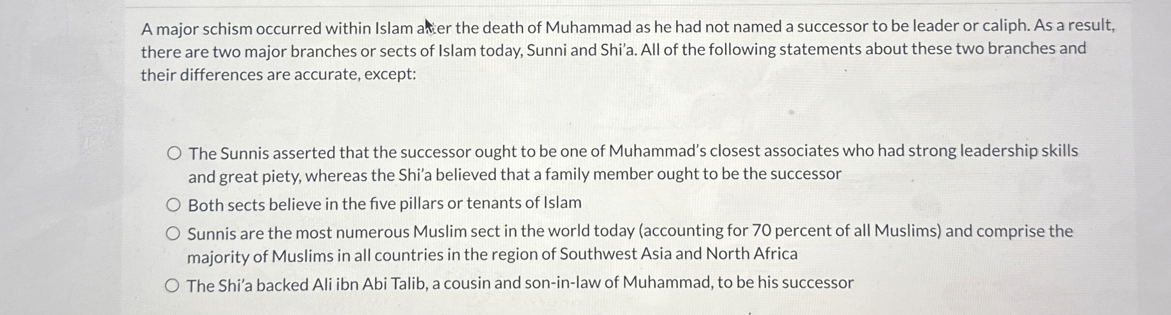 Solved A major schism occurred within Islam anier the death | Chegg.com
