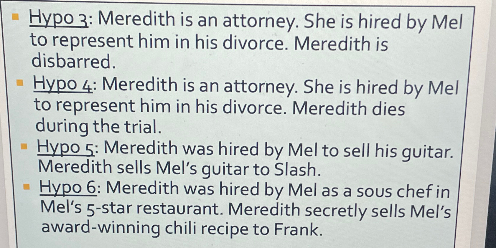 Solved Hypo 3: Meredith is an attorney. She is hired by Mel | Chegg.com