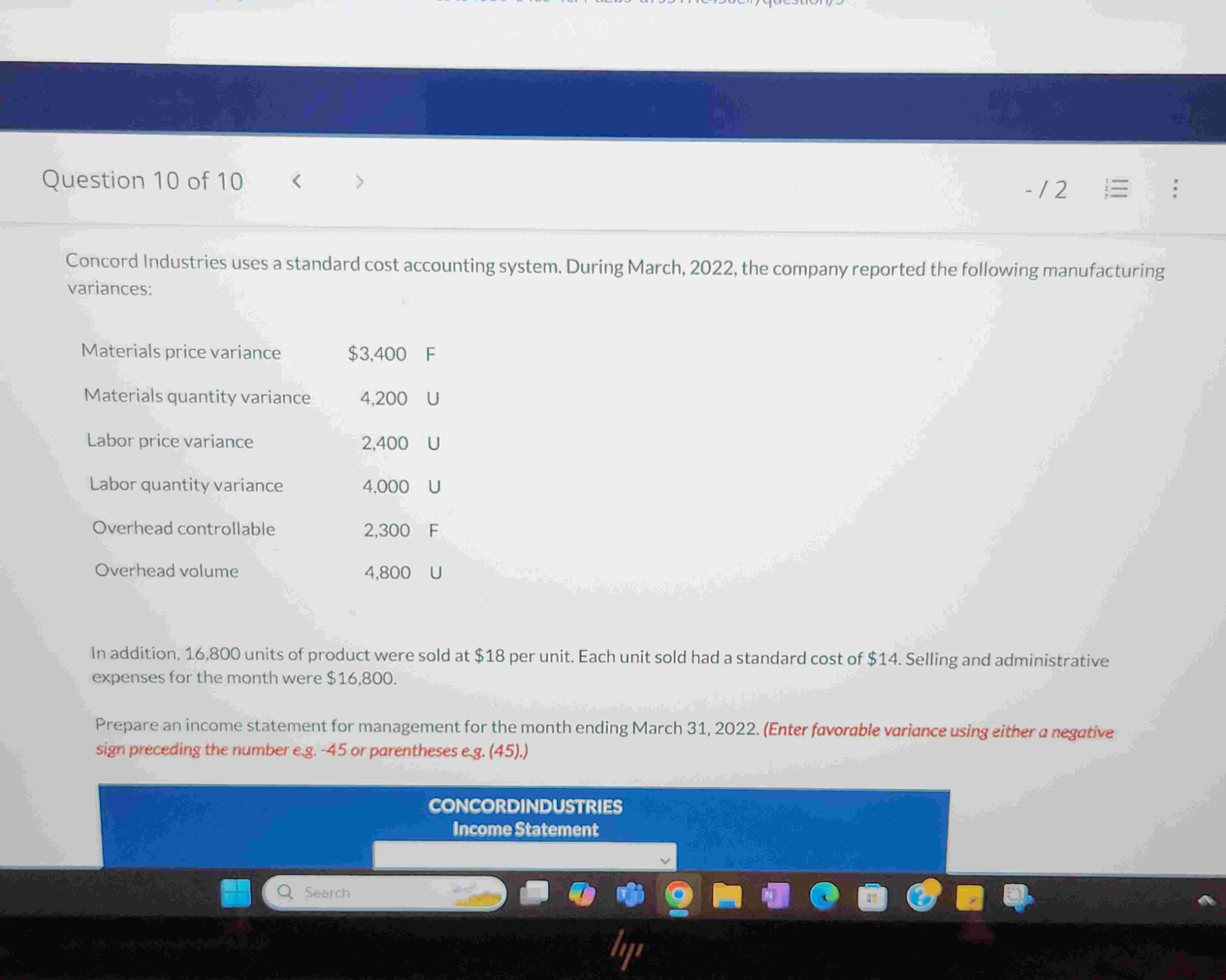 Solved Question 10 ﻿of 10Concord Industries uses a standard | Chegg.com
