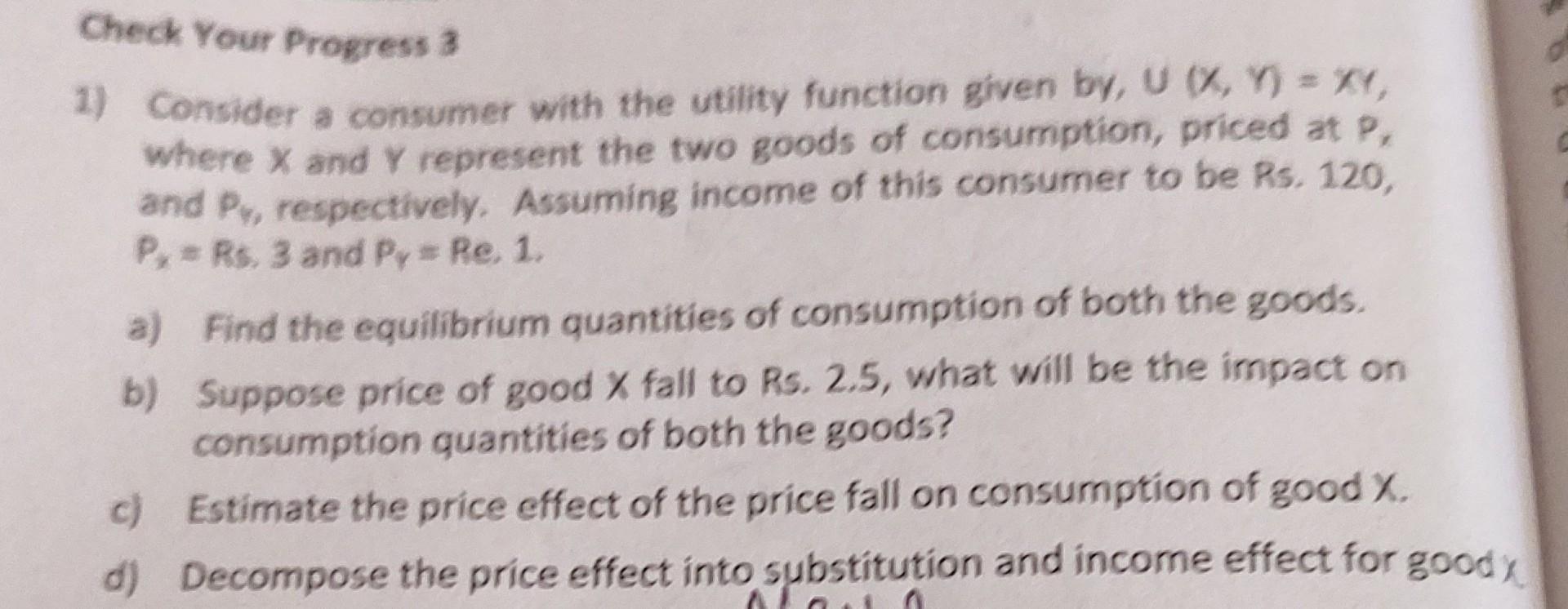 Solved 1 Consider A Consumer With The Utility Function 9003
