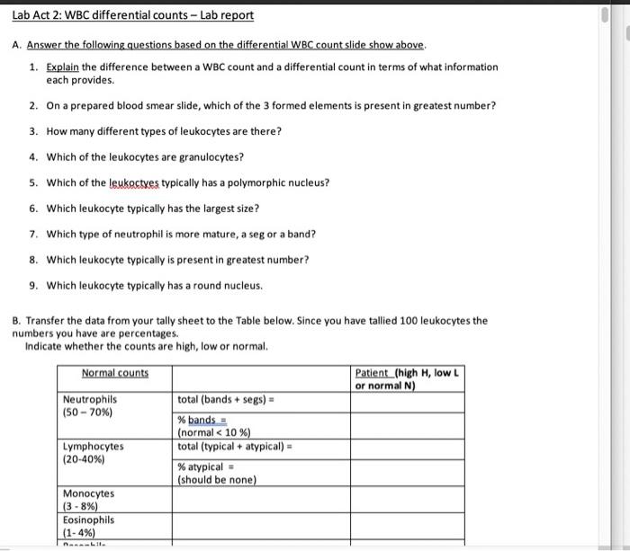 Solved Lab Act 2: WBC differential counts - Lab report A. | Chegg.com