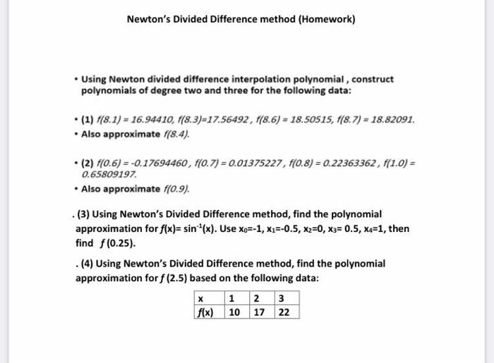 Solved Newton's Divided Difference method (Homework) . Using | Chegg.com