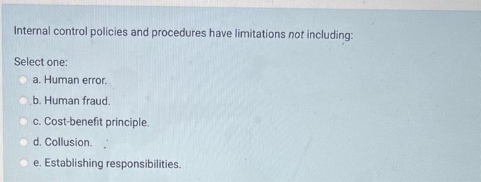 Solved Internal control policies and procedures have | Chegg.com