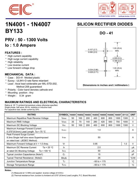 MECHANICAL DATA : - Case: DO-41 Molded plastic - | Chegg.com