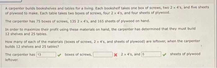Solved A carpenter builds bookshelves and tables for a | Chegg.com