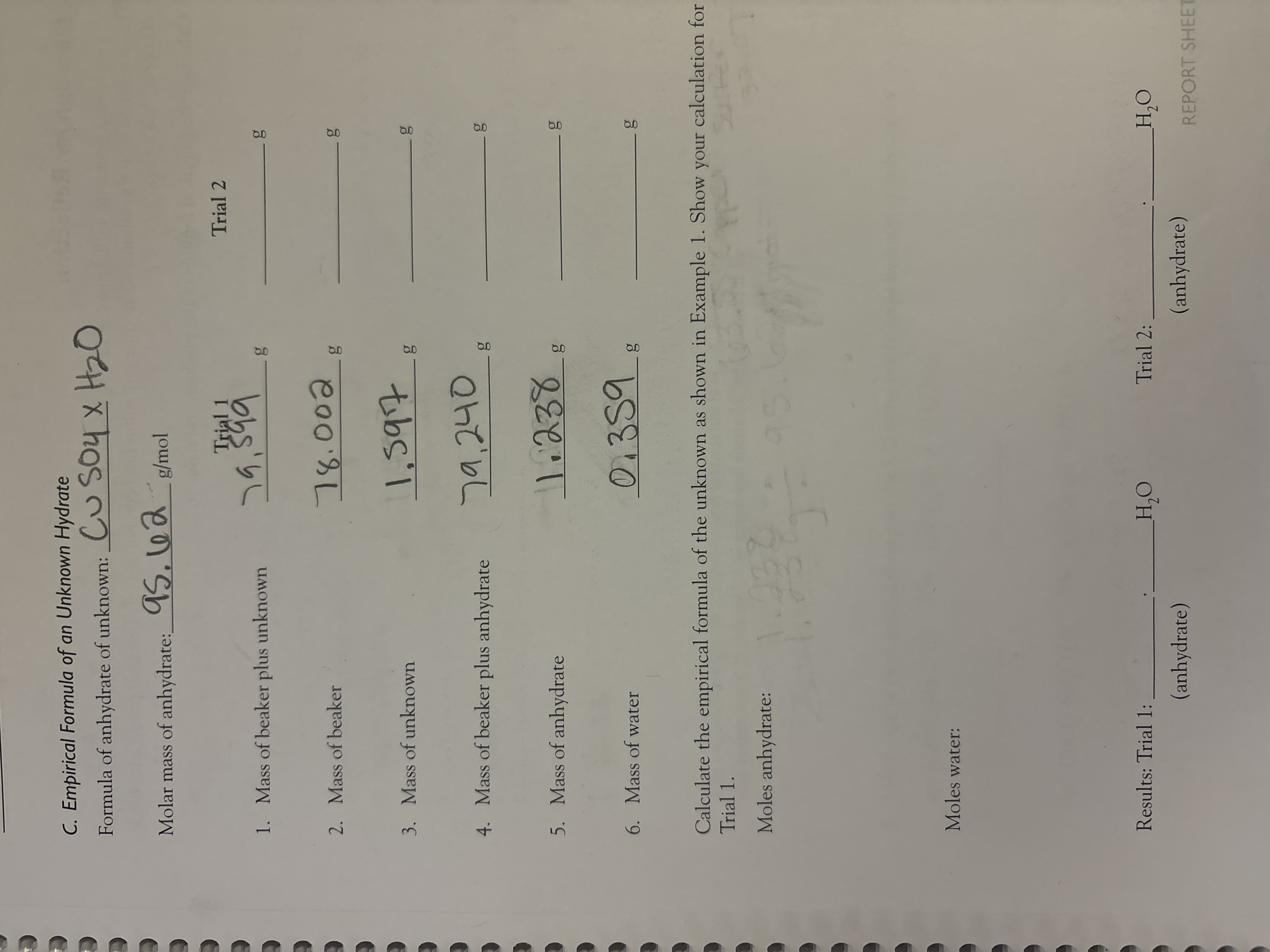 Solved C. ﻿Empirical Formula of an Unknown HydrateFormula of | Chegg.com