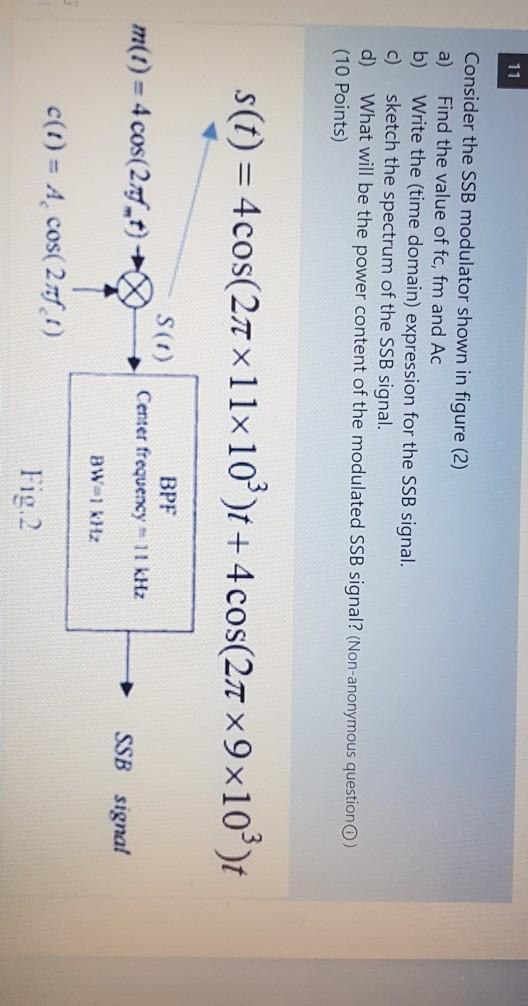 Solved 11 Consider the SSB modulator shown in figure (2) a) | Chegg.com