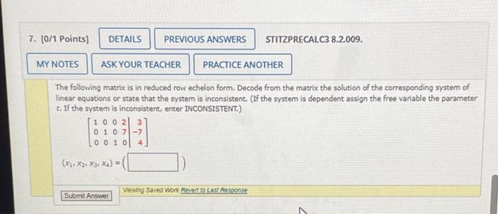 Solved The following matrix is in reduced row echelon form. | Chegg.com