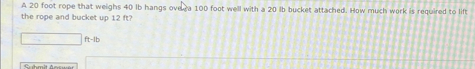 Solved A 20 ﻿foot rope that weighs 40lb ﻿hangs oveha 100 | Chegg.com