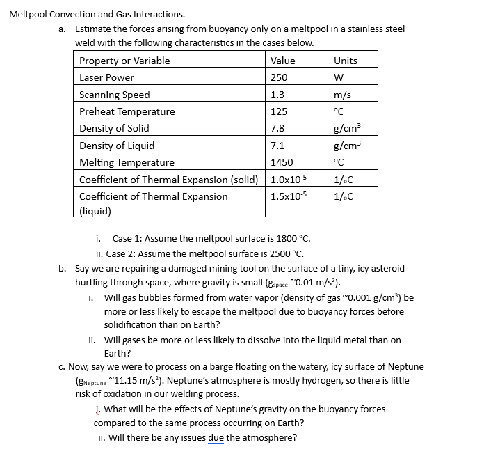 Solved Meltpool Convection and Gas Interactions.a. ﻿Estimate | Chegg.com